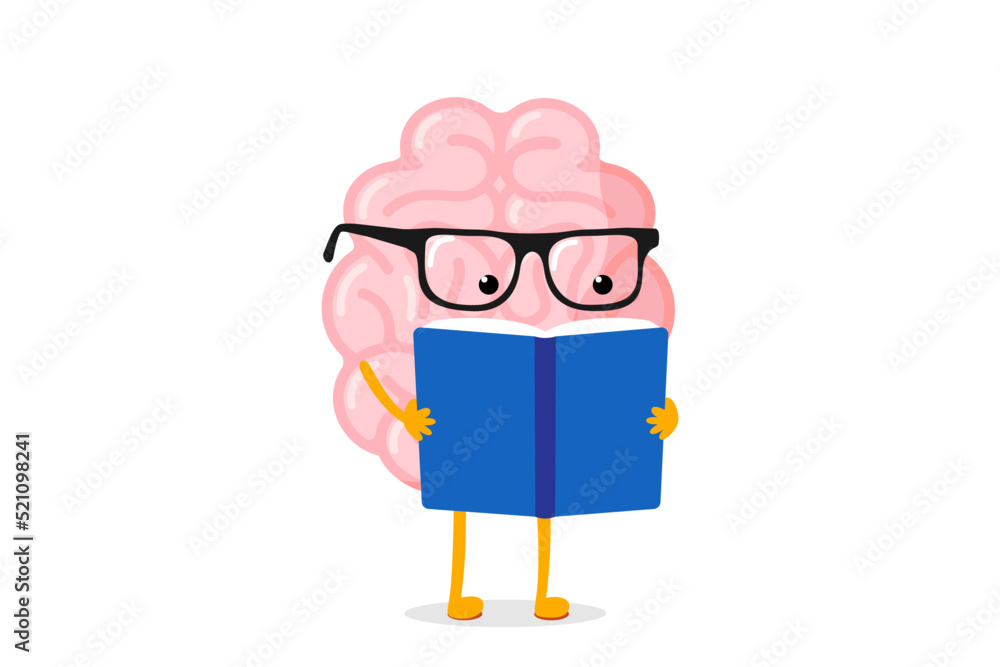 Cartoon human brain read book. Clever central nervous system mascot ...