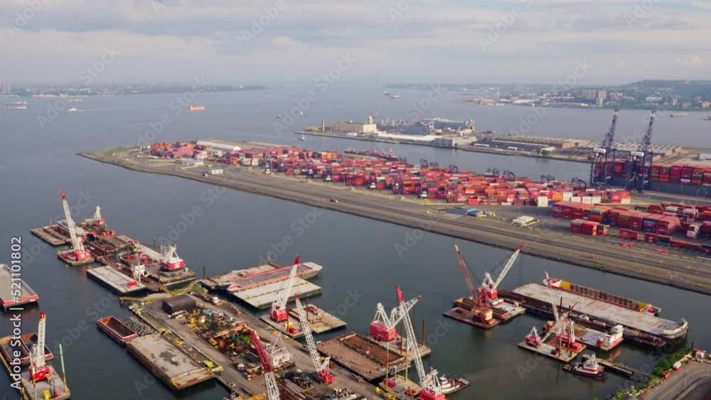 Aerial Over Brooklyn Port Cranes and Containers New York Filmed From ...