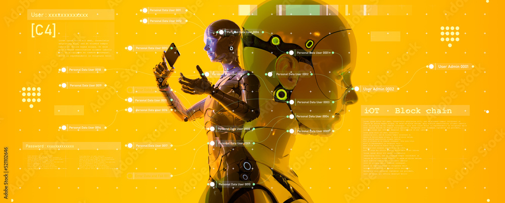 Engineer industrial robot, 3D humanoid futuristic robot working, coding ...