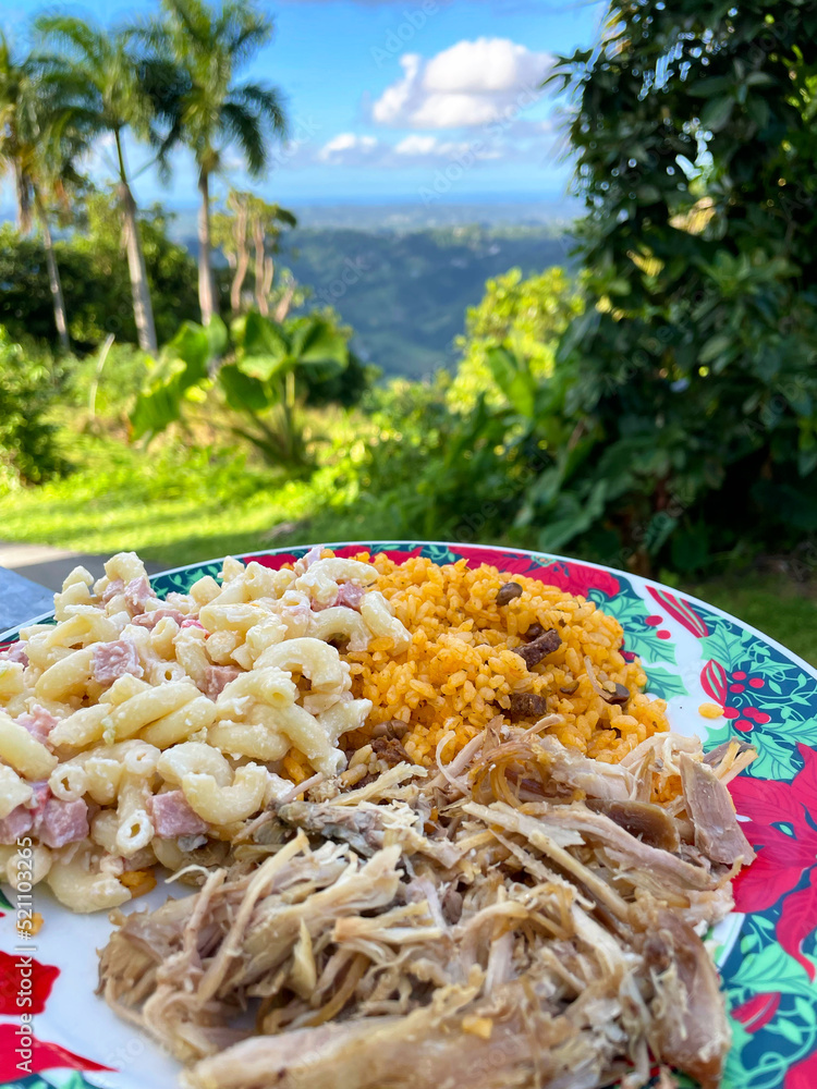 A plate of rice with pigeon peas, shredded pork and macaroni salad ...