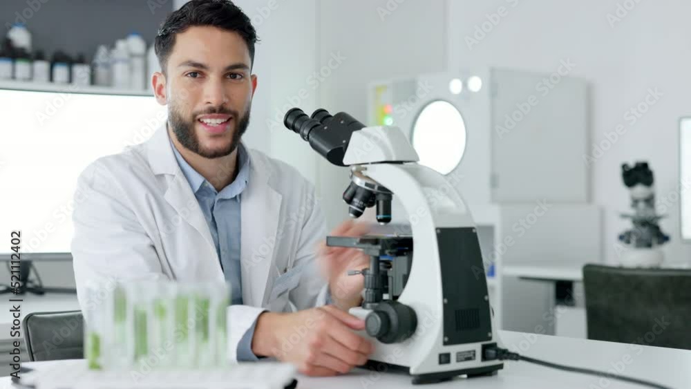 Happy, handsome and smiling scientist leading with innovation and ...