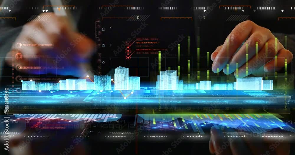 4K Human Finger Turns on Touch Futuristic Screen Button;financial stock ...