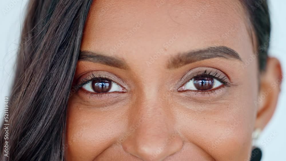 Confident, happy eyes and beautiful woman face, looking excited and ...