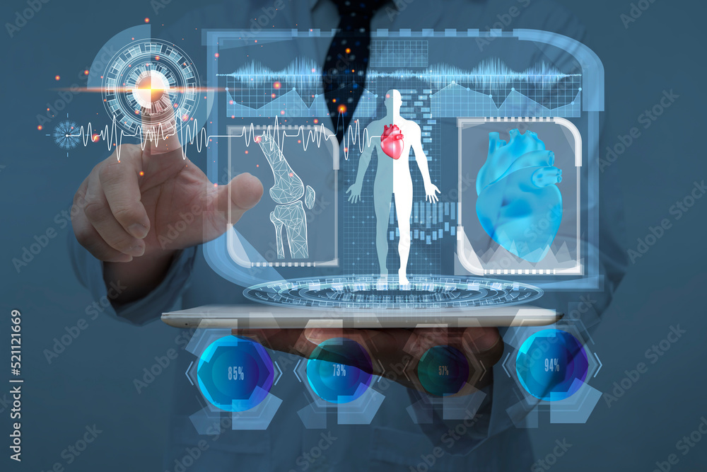 Doctor holding hand on start button if futuristic screen, futuristic ...