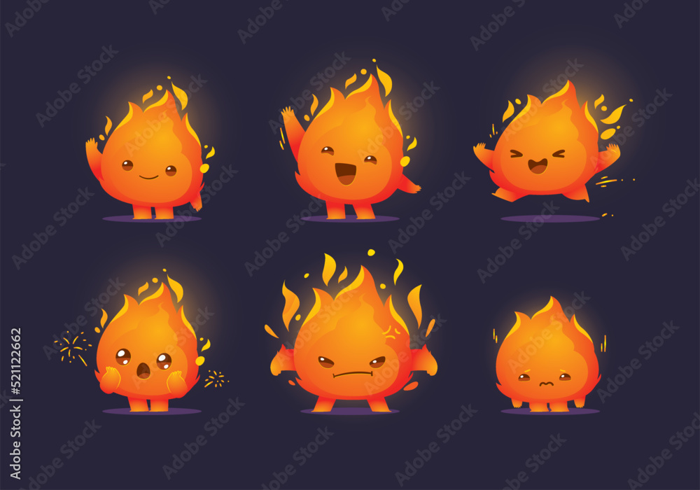 set of cute cartoon fire character mascot collection Stock Vector ...