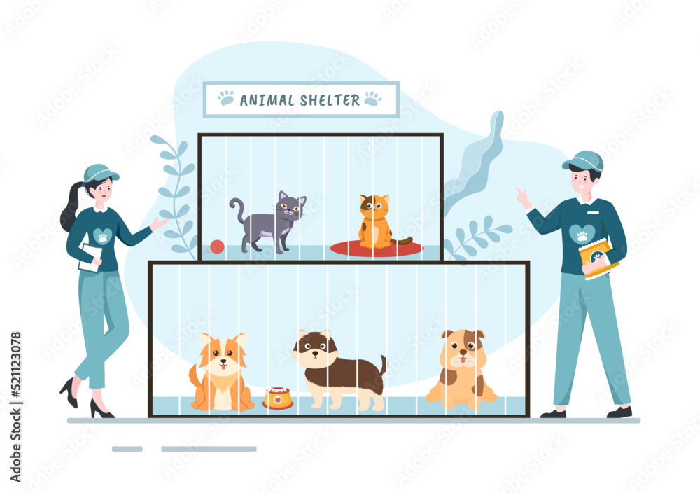 Animal Shelter Cartoon Illustration with Pets Sitting in Cages and ...