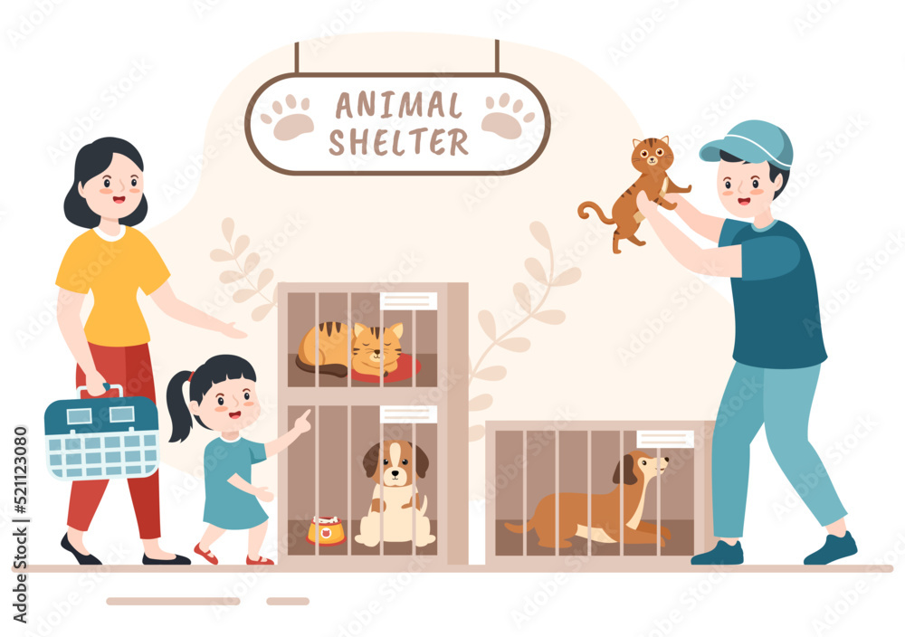 Animal Shelter Cartoon Illustration with Pets Sitting in Cages and ...