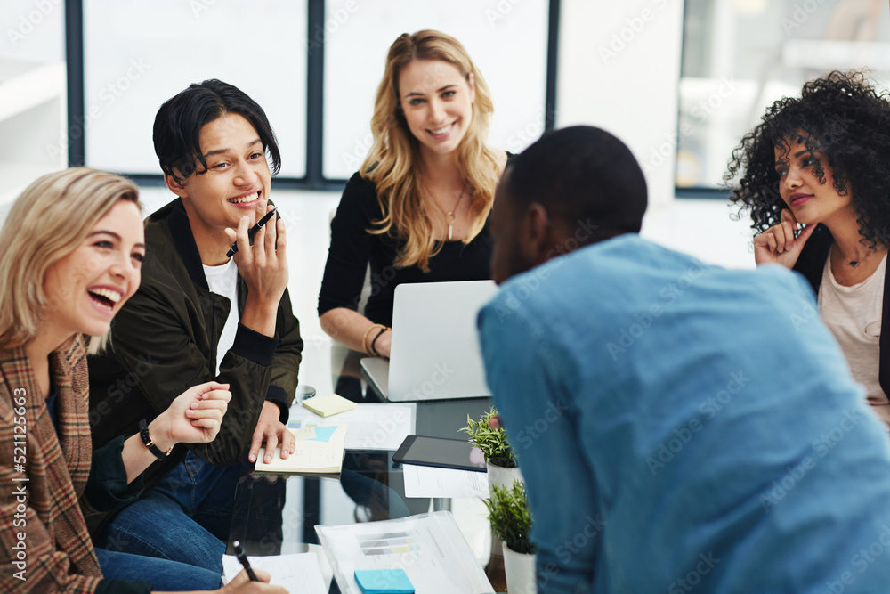 Talking, planning or meeting group of colleagues brainstorming ideas ...