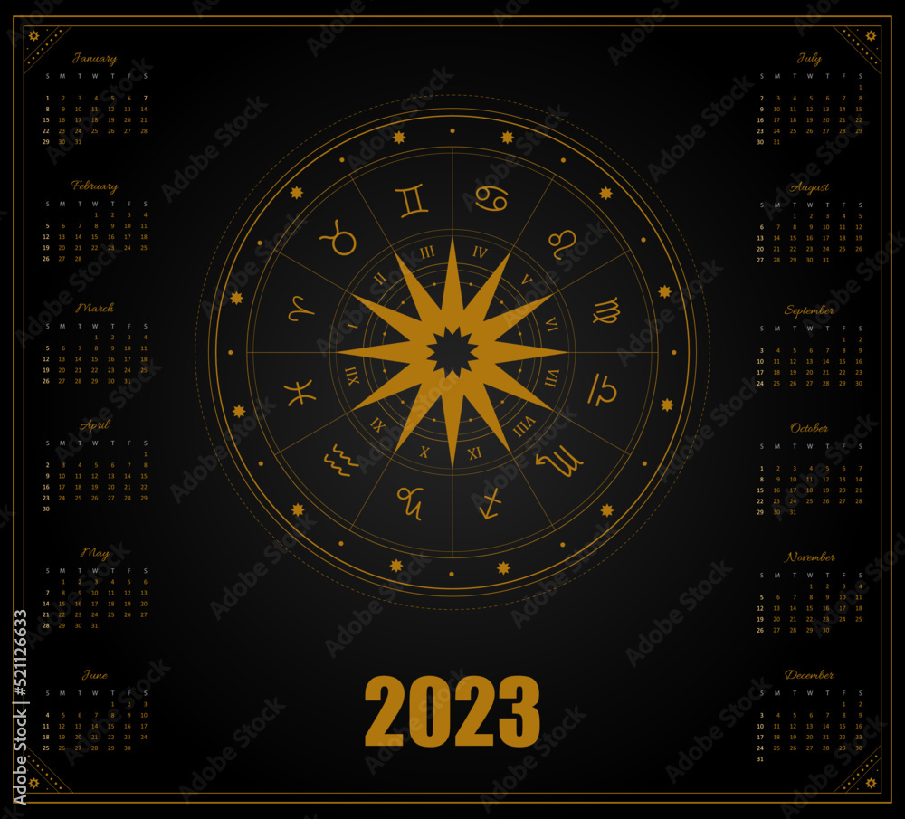 Magic calendar 2023 with zodiac signs. Week starting on sunday. Vector ...