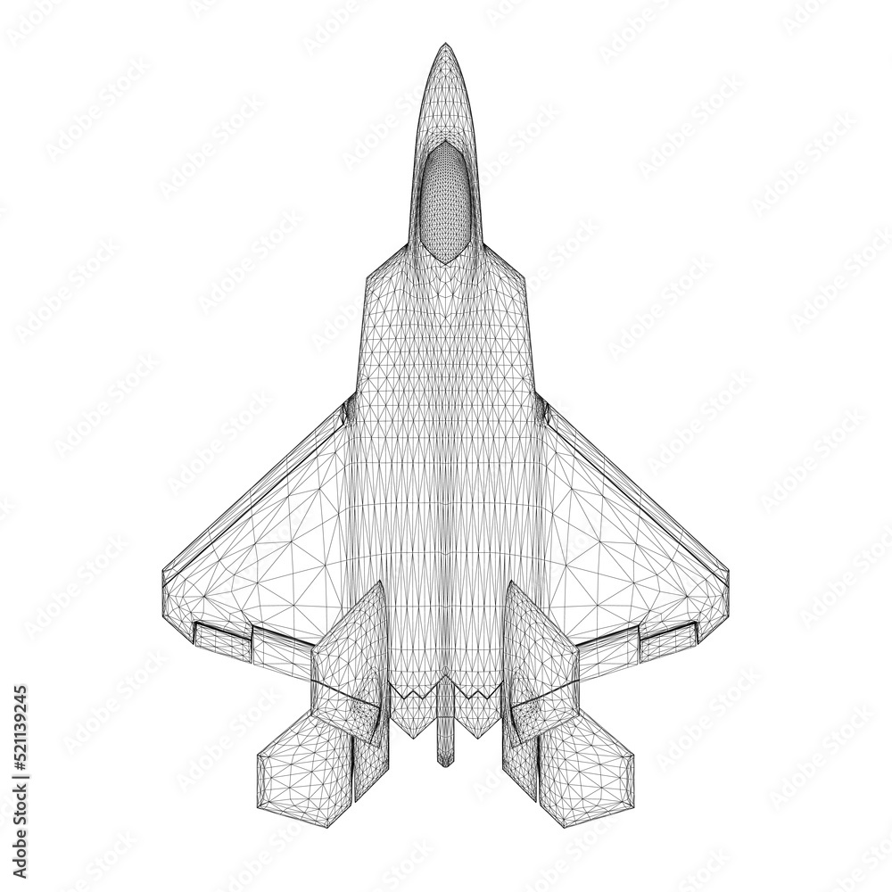 Combat fighter jet wireframe from black lines isolated on white ...