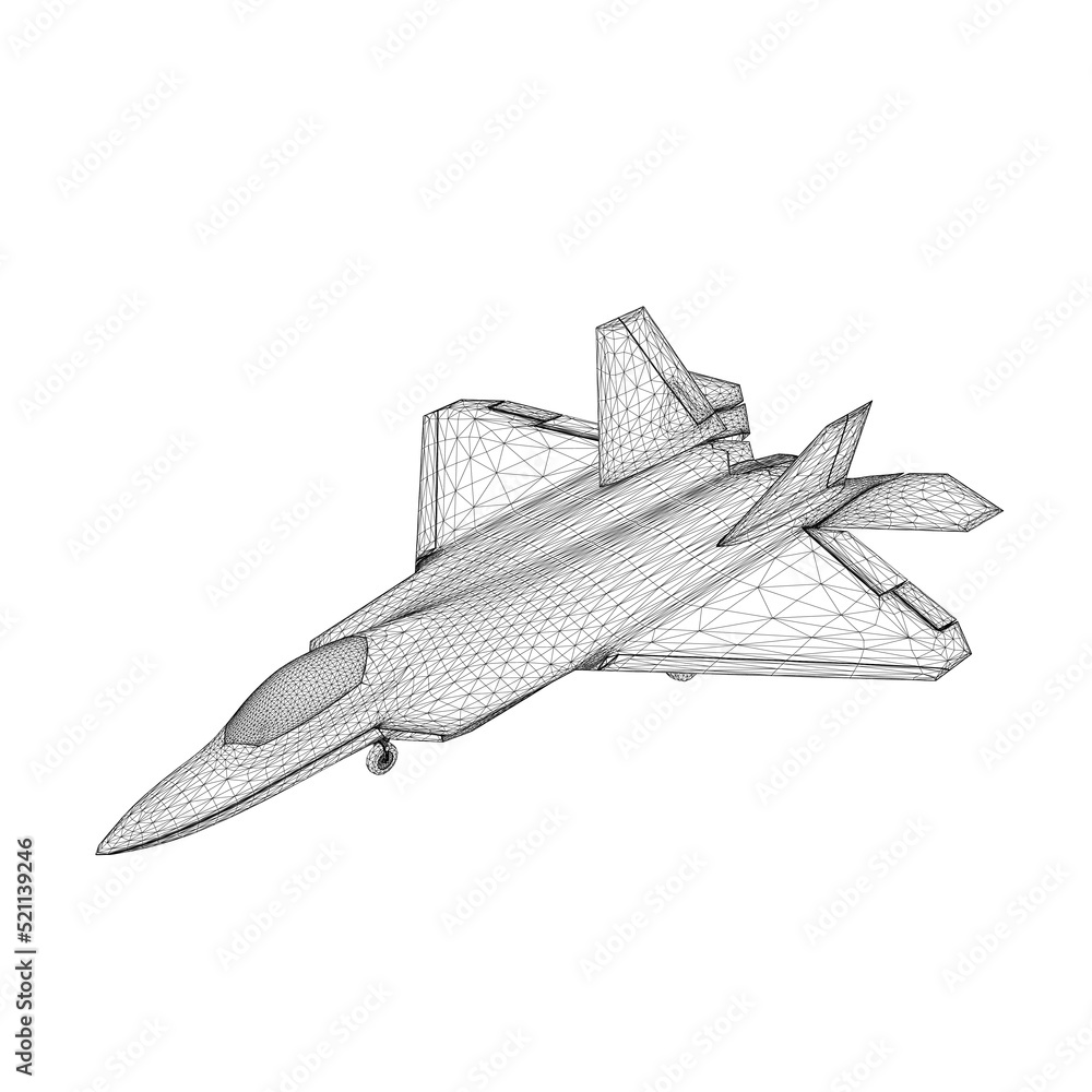 Combat fighter jet wireframe from black lines isolated on white ...