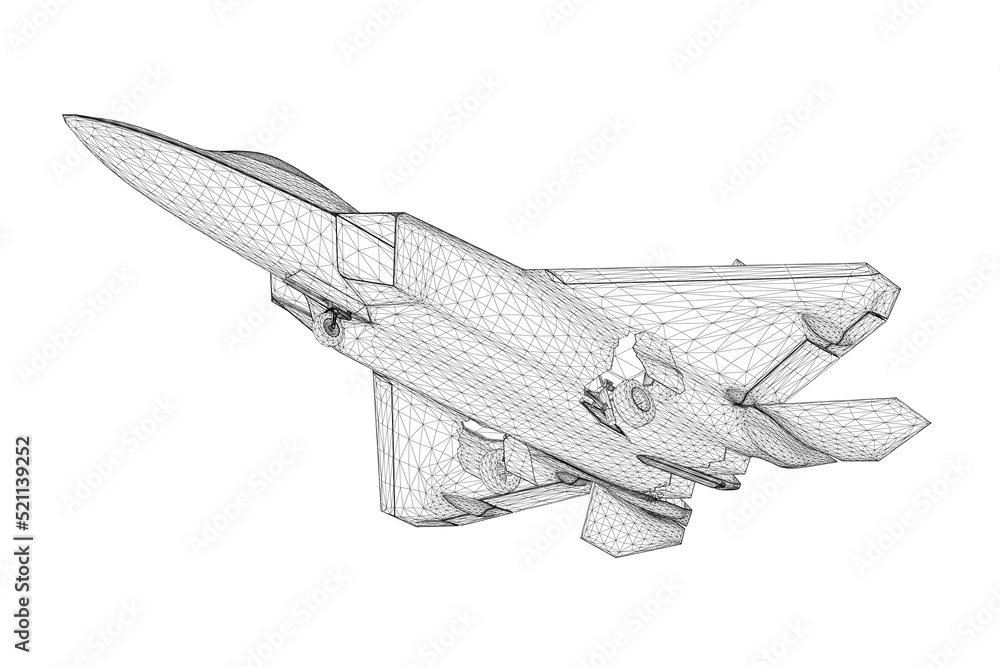 Combat Fighter Jet Wireframe From Black Lines Isolated On White Background Bottom View 3d