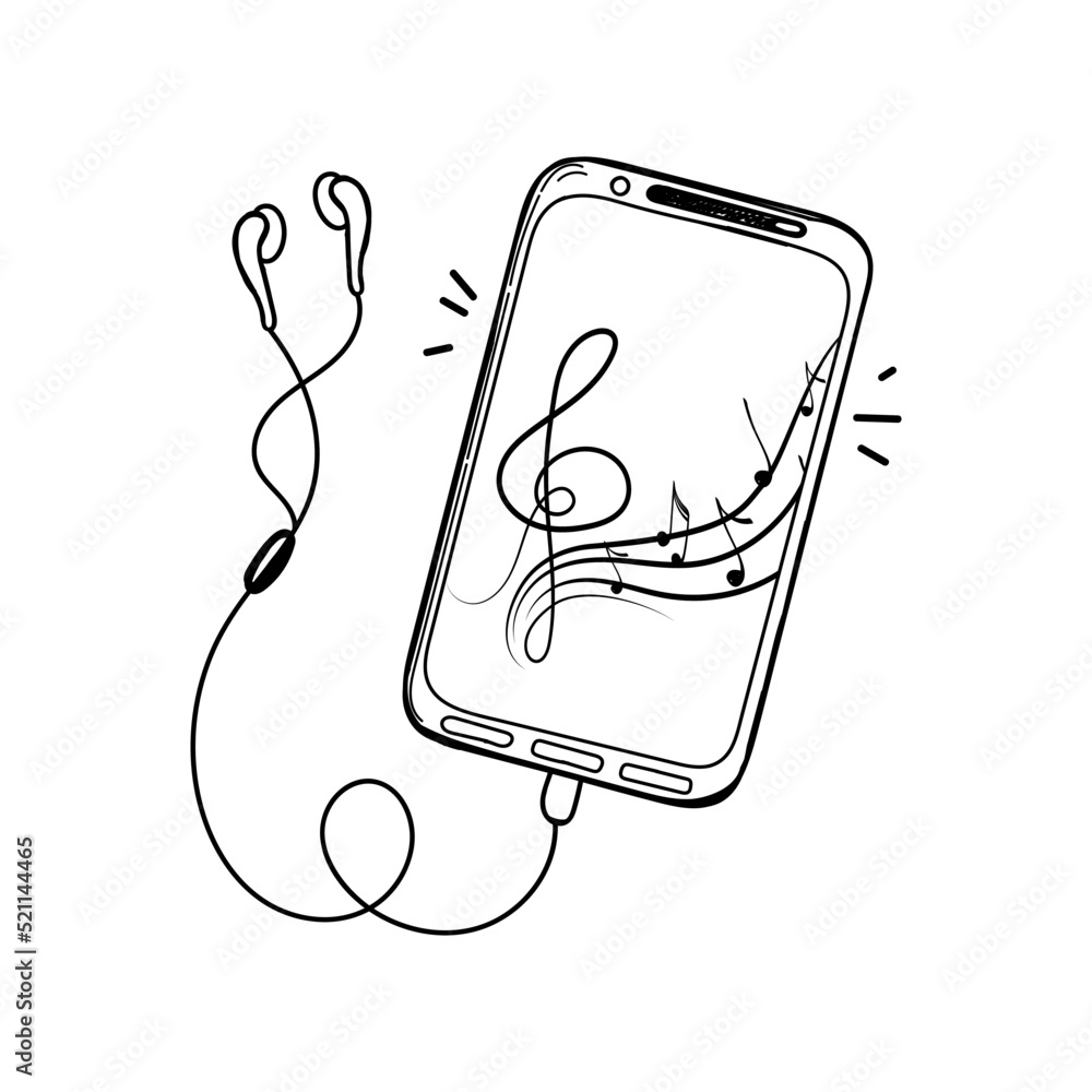A smartphone with headphones, hand-drawn in doodle-sketch style. A ...