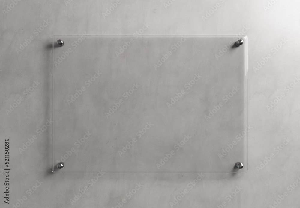 Transparent glass sign plate on wall mockup. Template of a blank ...