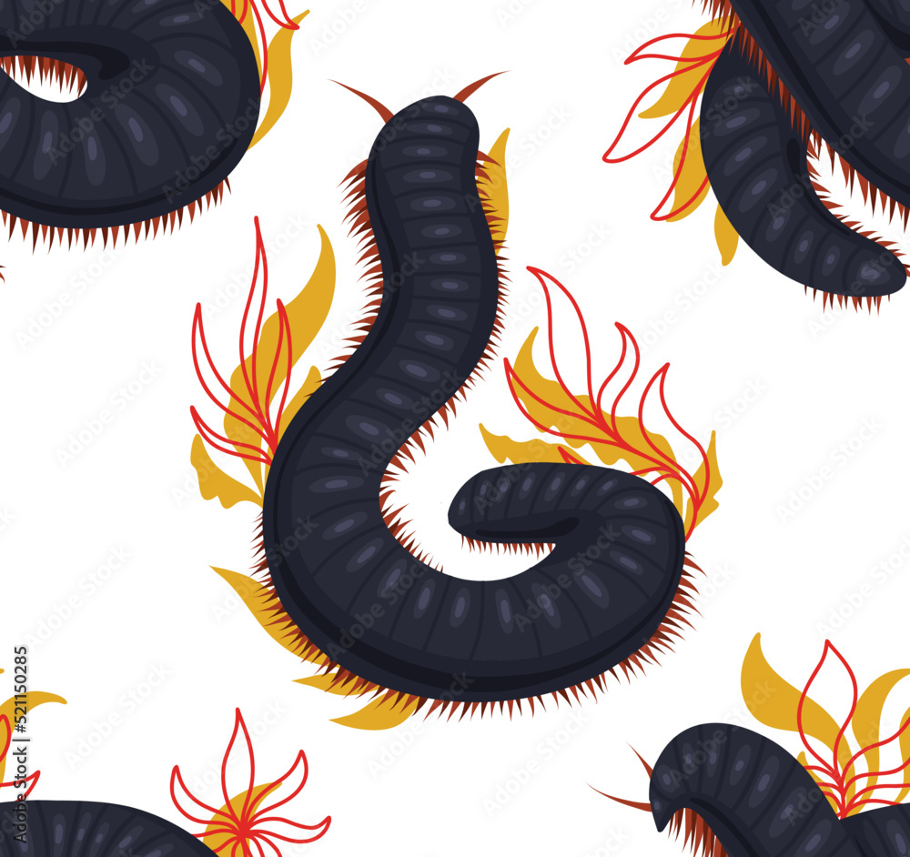 Vector seamless pattern with scary centipedes with foliage and leaves ...