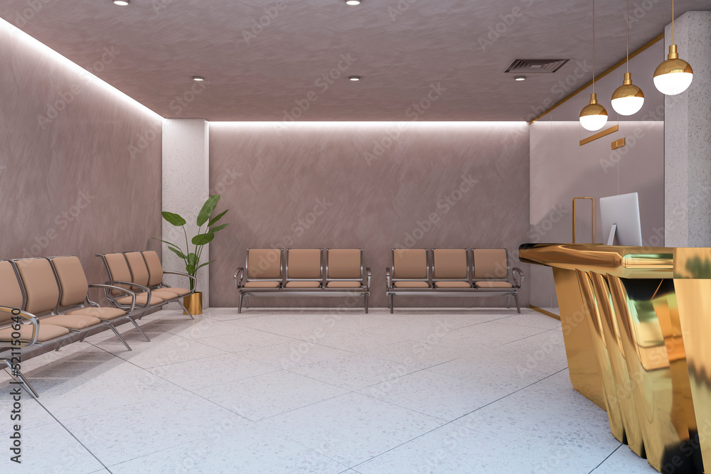 Modern lobby interior with shiny golden reception desk, seating and ...