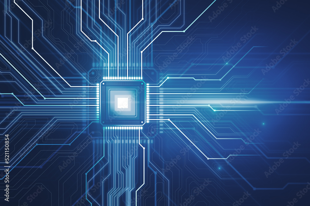 Abstract glowing chip circuit hologram on dark background. CPU and metaverse concept. 3D ...