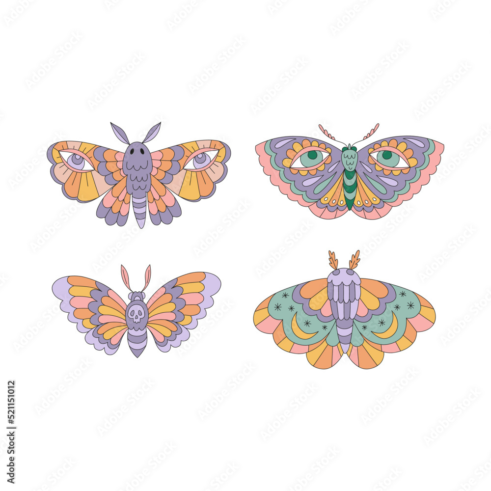 Moon moth death head hawkmoth evil eye mystic vector illustration set ...