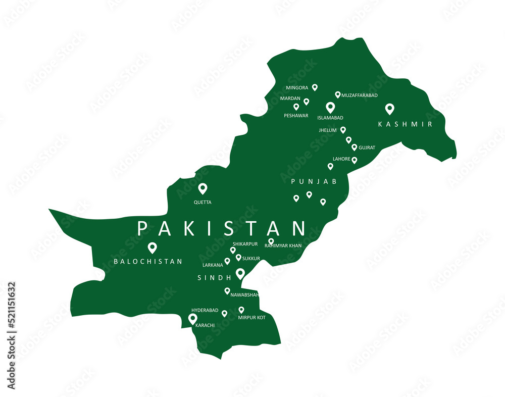 Pakistan map with pin. Pakistan map with major cities pointers. Stock ...