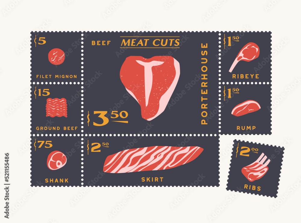 Beef cuts, meat icons in post stamps style, steaks and ribs, ground ...