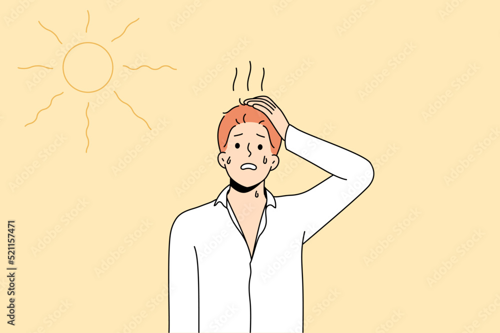 Unhealthy man standing under sun feel dehydrated and overheated in hot ...