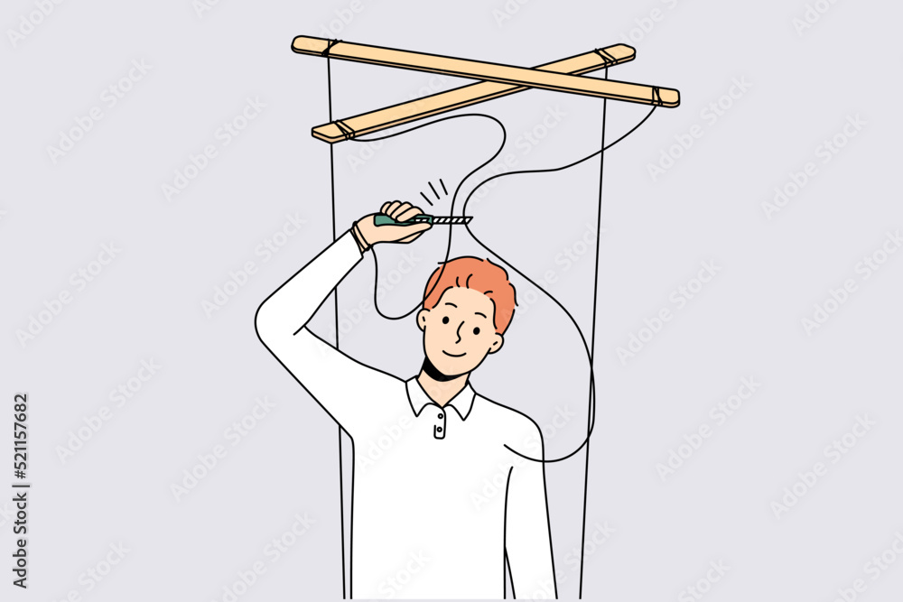 Smiling man with scissors cut ropes free himself from manipulation ...