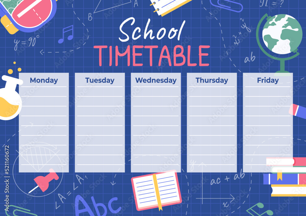 School timetable, weekly classes schedule on blue blackboard background ...