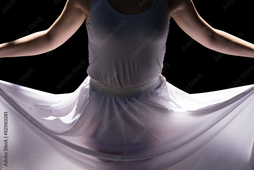 Detail of backlit ballerina in white dress dancing against black ...