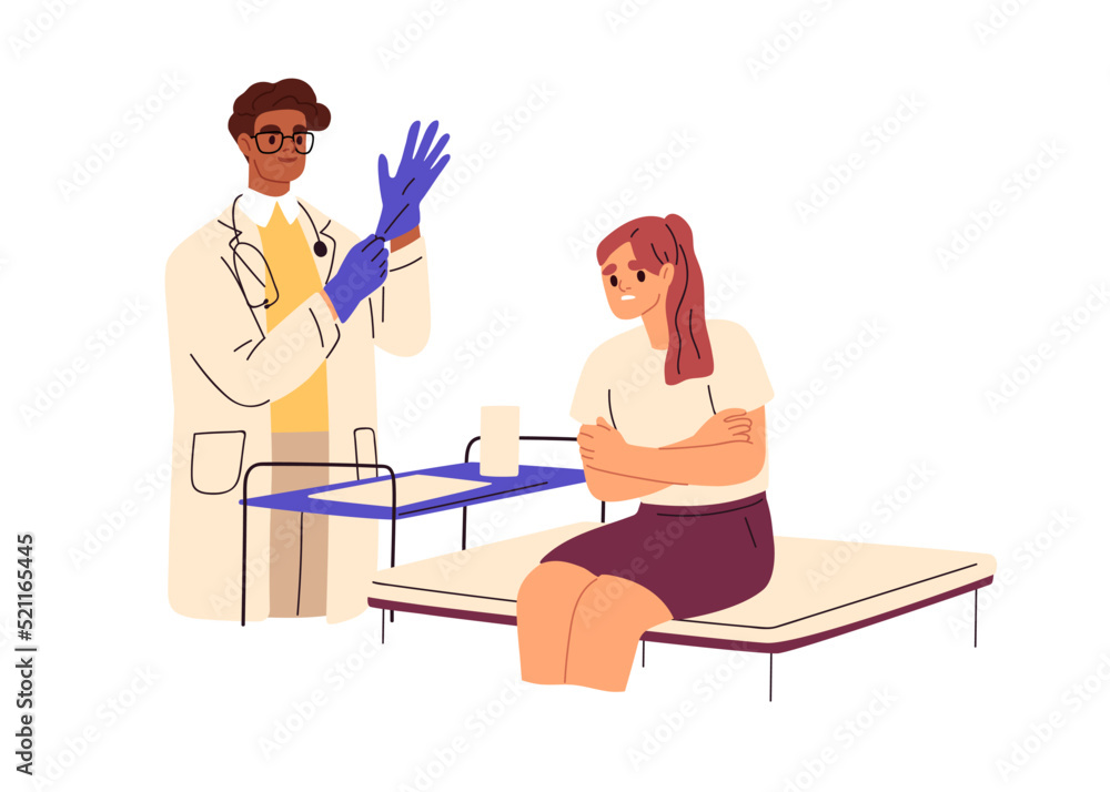 Stressed patient with phobia of doctors and medical test, checkup ...