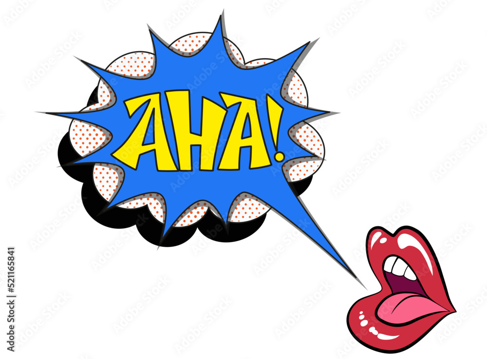 Comic lettering aha with red lips and an open mouth. Vector bright ...