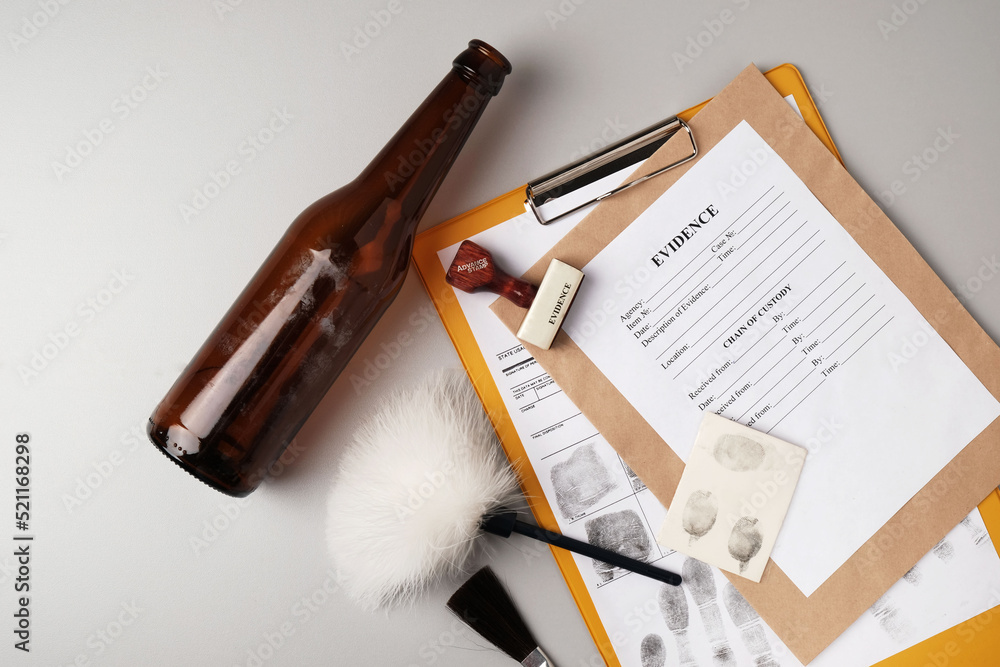 fingerprint brush, evidence stamp, fingerprint id card, evidence ...