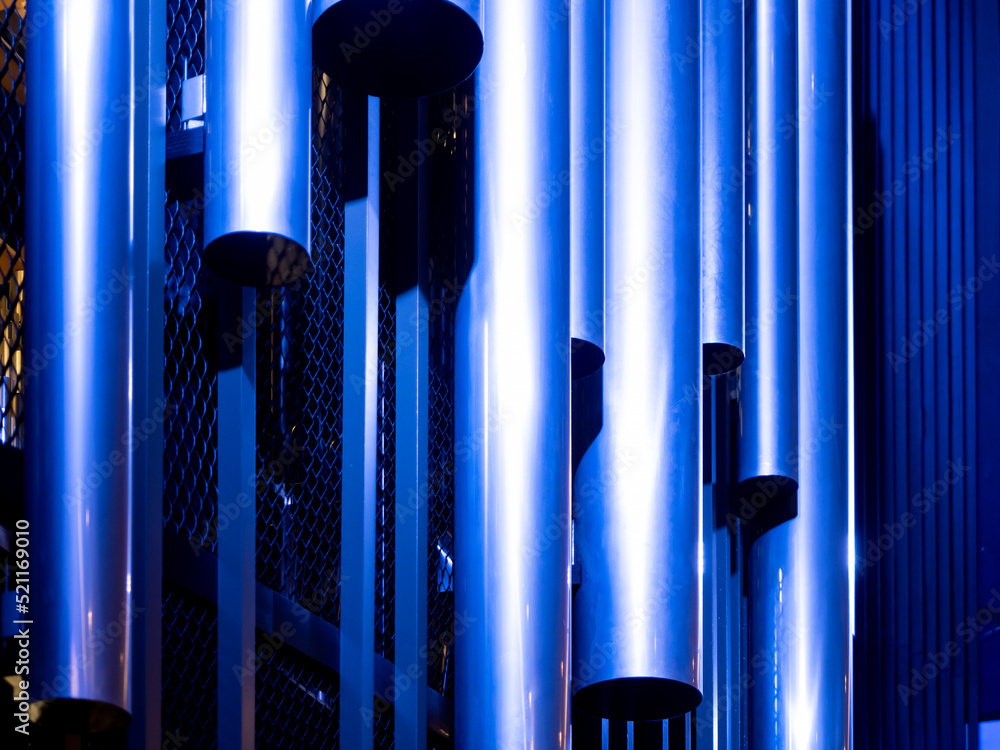 Pipe organ at Organ Hall of a Philharmonic. Steel tubes of Pipe Organ ...