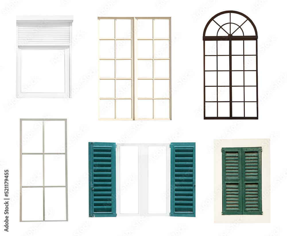 Many different window frames on white background, collage Stock Photo ...