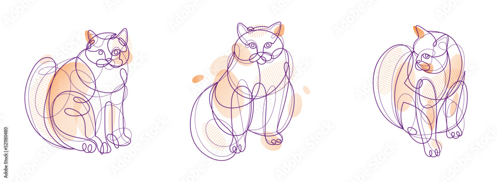 Nice cute cat linear vector illustrations set, line art drawings of ...