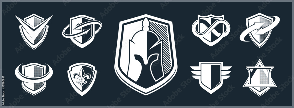 Classic shields shapes set with different additional elements vector ...