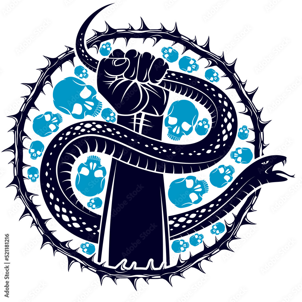 Hand squeezes a snake, fight against evil, control your dark side ...