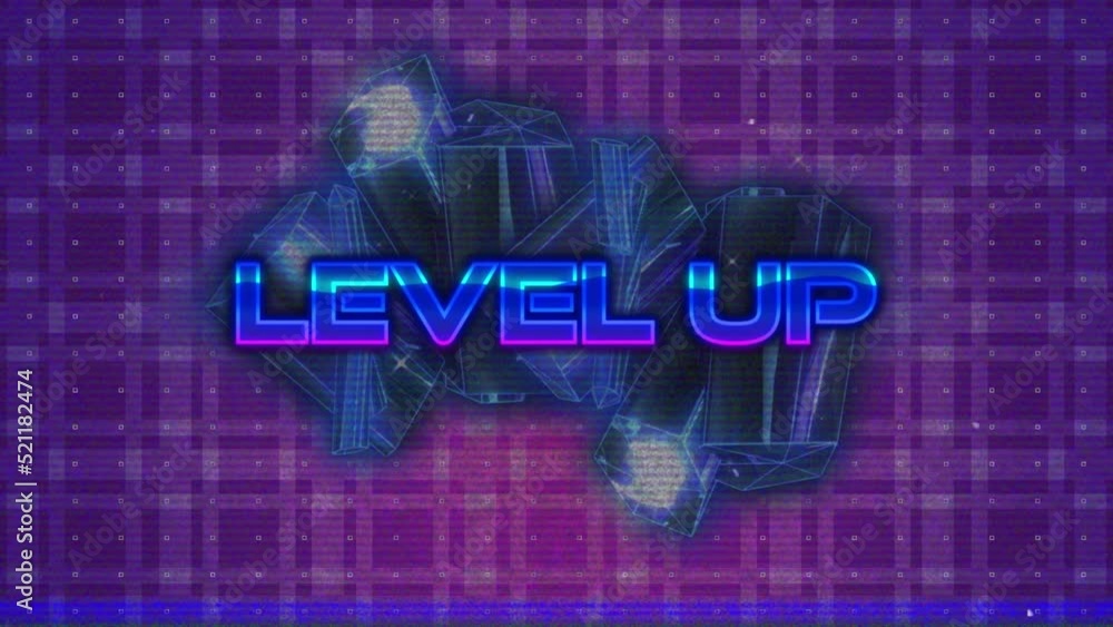 Animation of level up text in blue and cluster of metallic shapes on ...