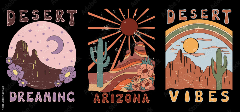 Arizona desert vibes. Vector set with 3 graphic print designs for t ...