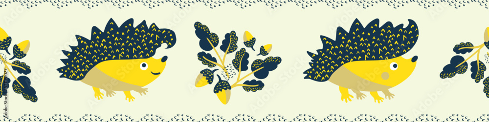 Cute vector spiky, prickly, hedgehog, acorn and oak leaves border ...