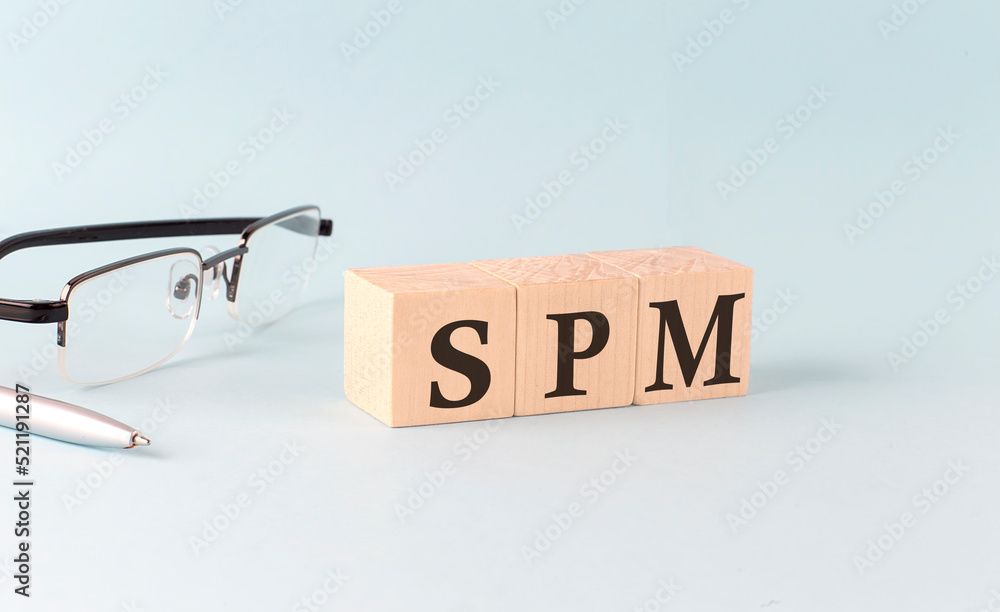 Text SPM - Sales Performance Management - written on the wooden cubes ...