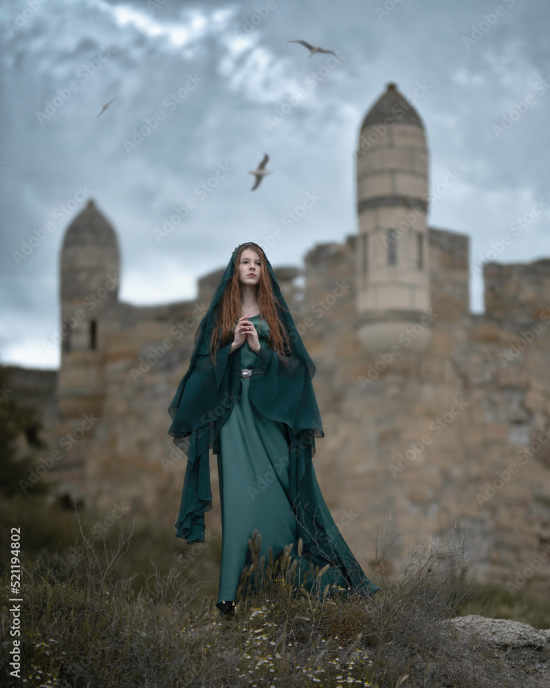 Medieval maiden at the stone fort Stock Photo | Adobe Stock