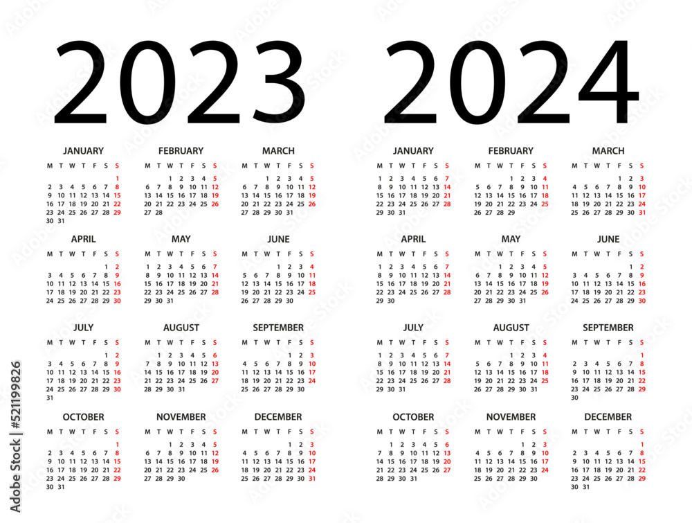 Calendar 2023, 2024 year - vector illustration. Week starts on Monday ...