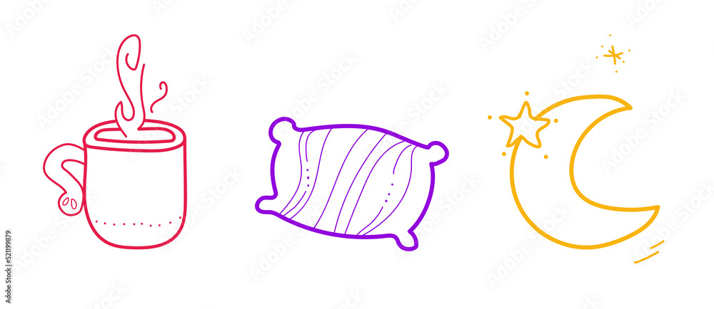 Graphic element sleep well, illustration icons with color lines, herbal ...