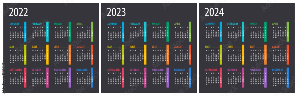 2022, 2023, 2024 Calendar - illustration. Template. Mock up Week starts ...