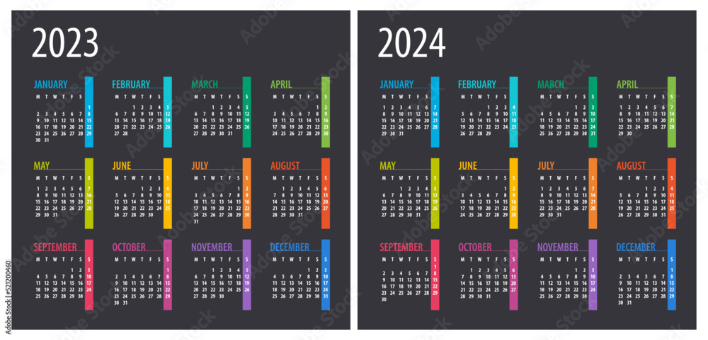 2023, 2024 Calendar - illustration. Template. Mock up Week starts ...