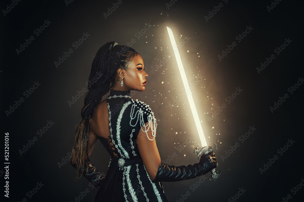 Portrait fantasy african american woman warrior holding magic weapon ...