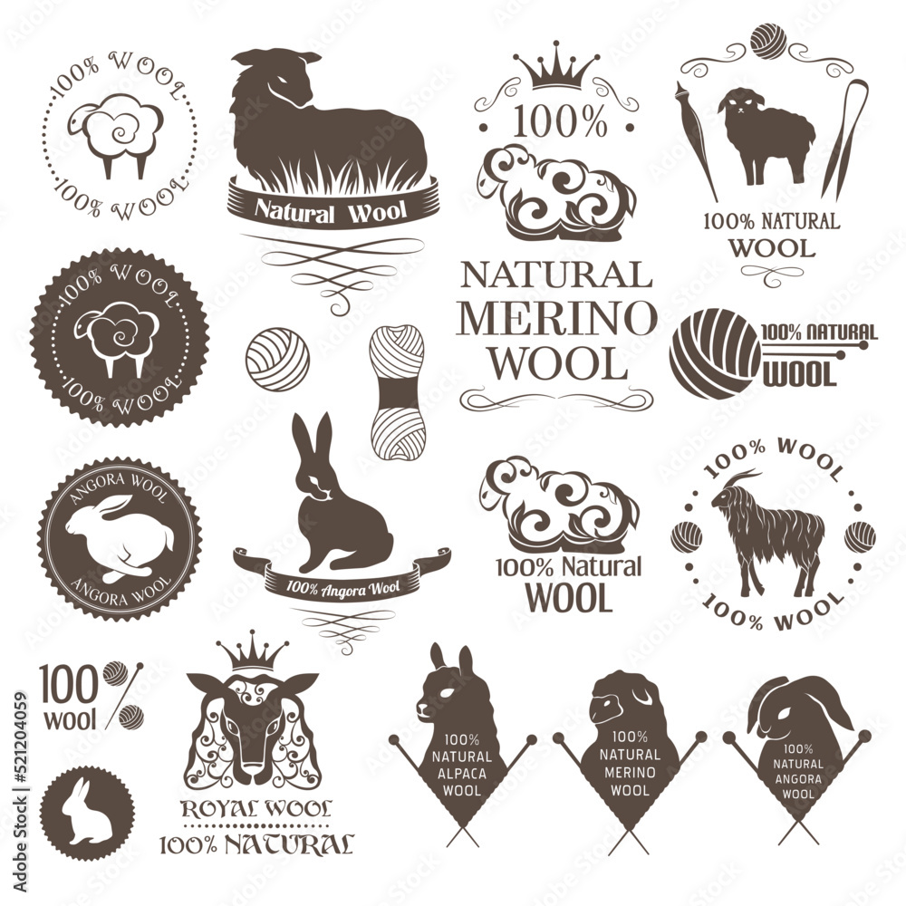 Wool design elements. Labels set of sheep, alpaca, rabbit and goat wool ...