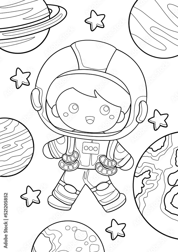 Astronaut in Outer Space Theme Coloring Pages A4 for Kids and Adult ...