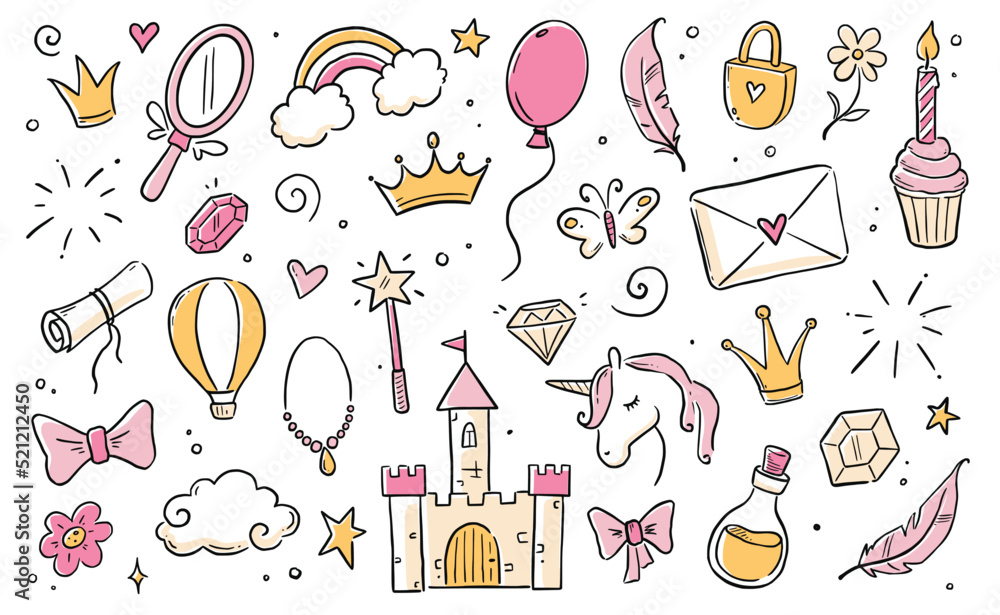 Hand drawn princess doodle set. Beauty cute girl princess accessories ...