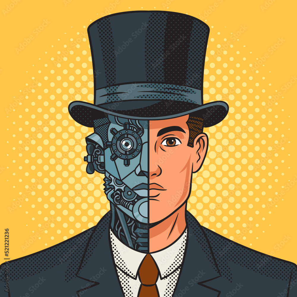 Gentleman half cyborg steampunk pop art retro vector illustration ...